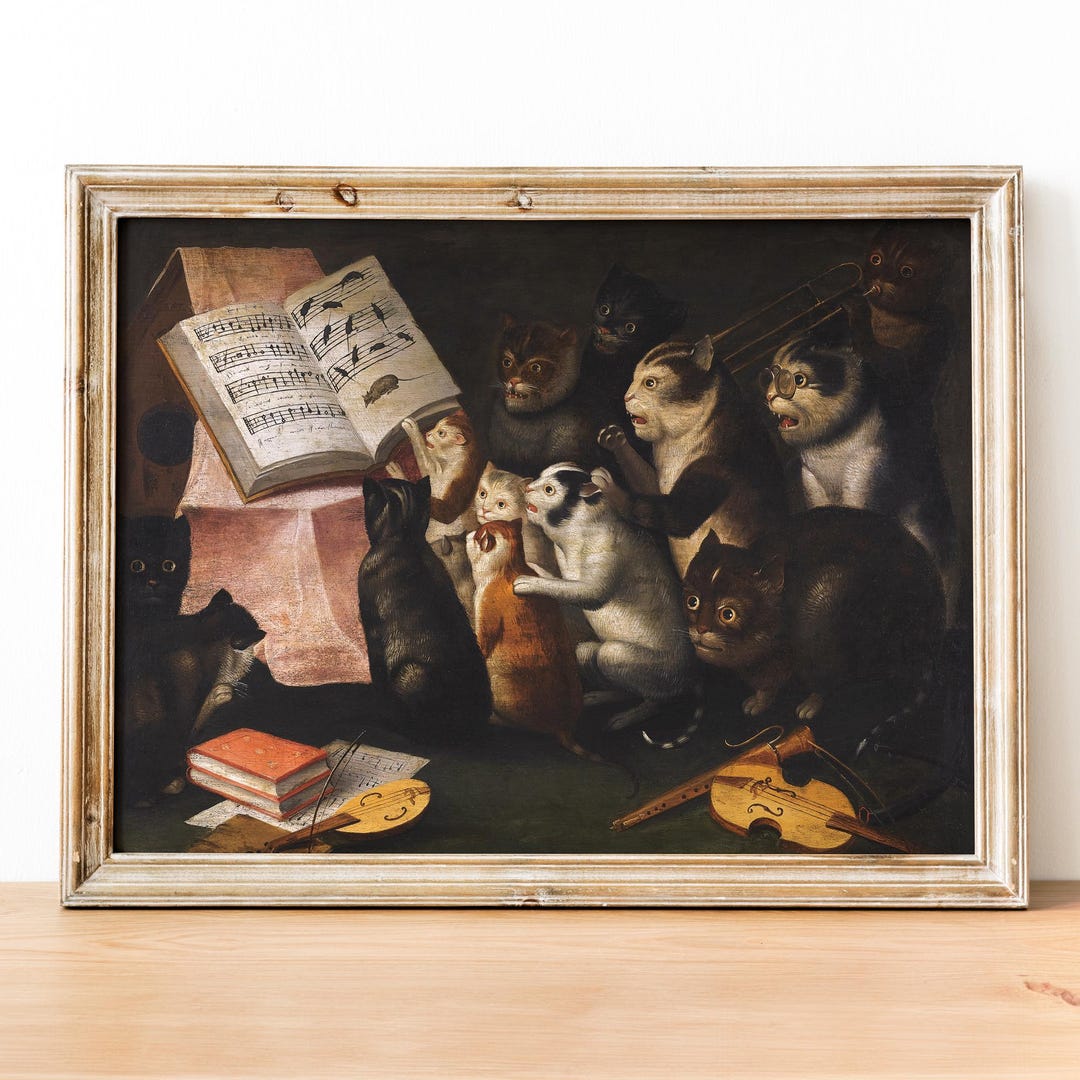 A Glaring of Cats Making Music and Singing Art Print, Weird Cat Art ...