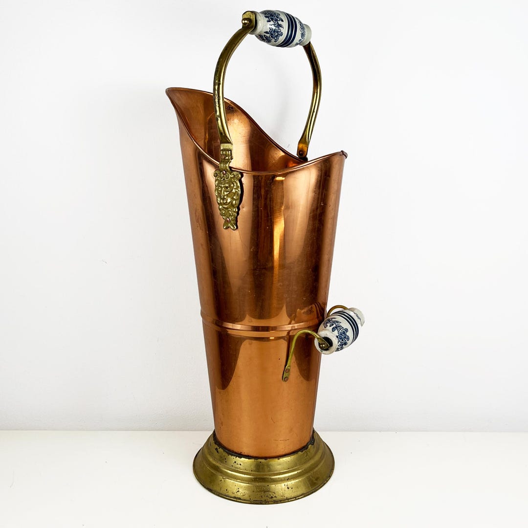 Vintage Copper Umbrella Stand With Brass and Ceramic Handles, Umbrella ...