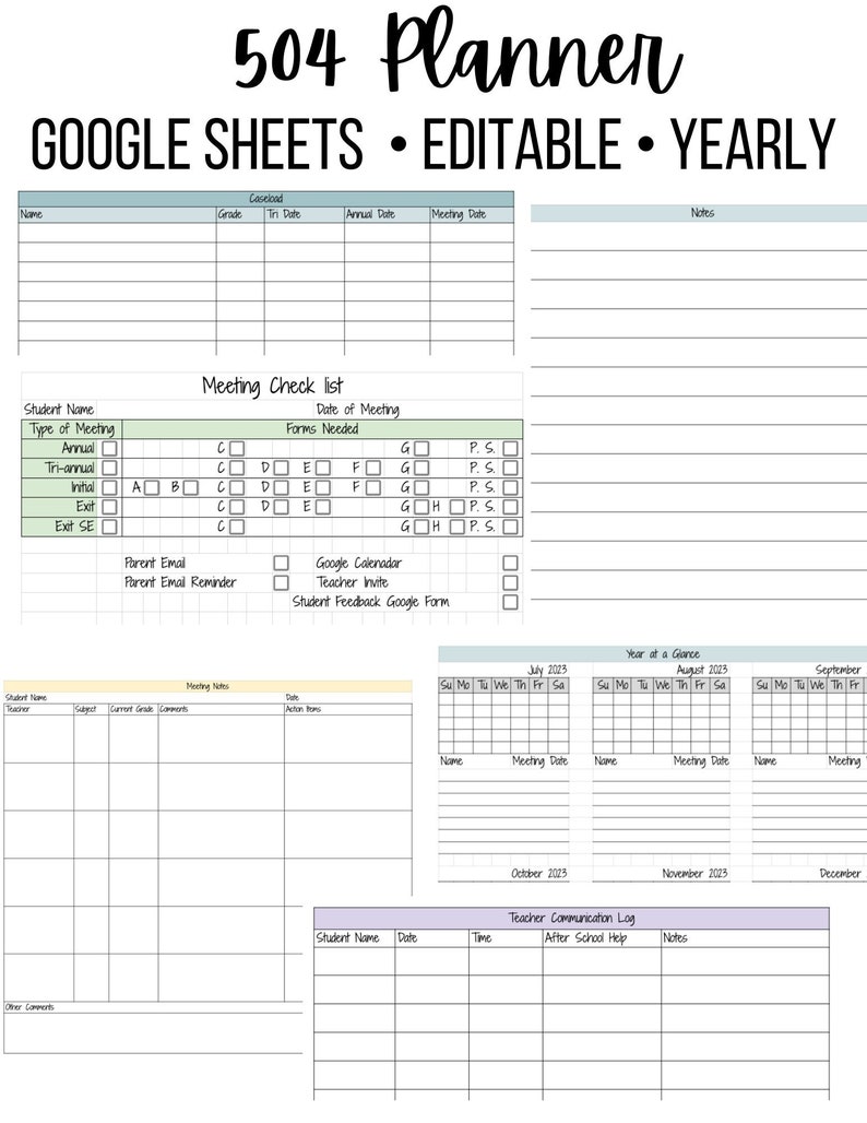 Digital 504 Yearly Editable Planner // Google Sheets / 504 Coordinator ...