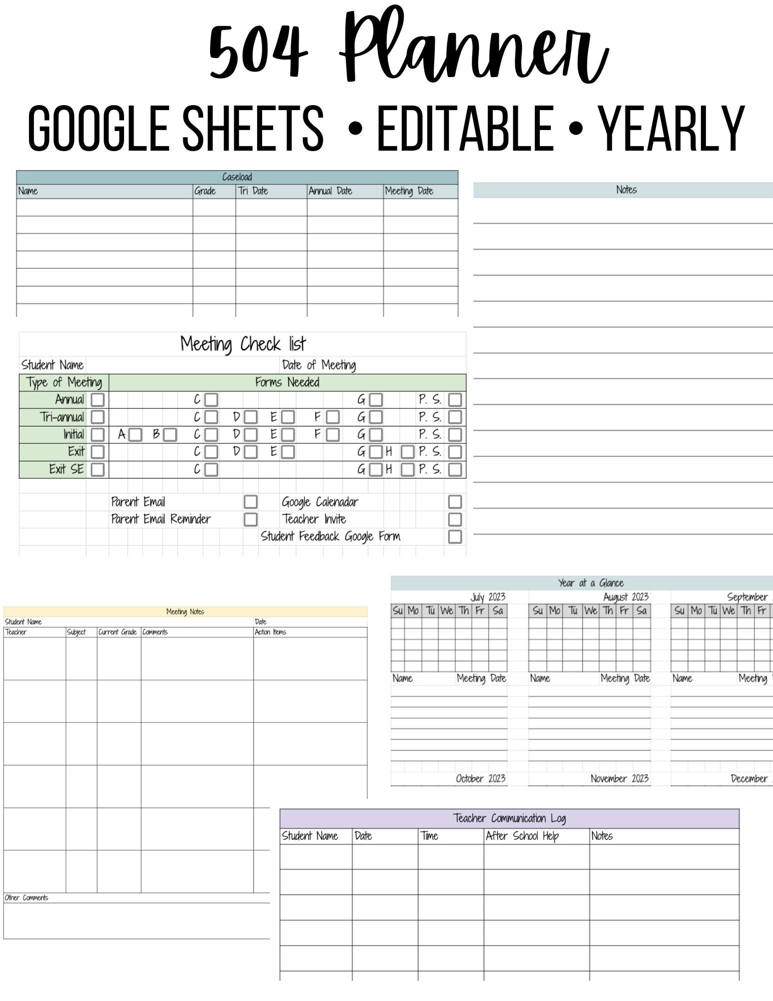 Digital 504 Yearly Editable Planner // Google Sheets / 504 Coordinator ...