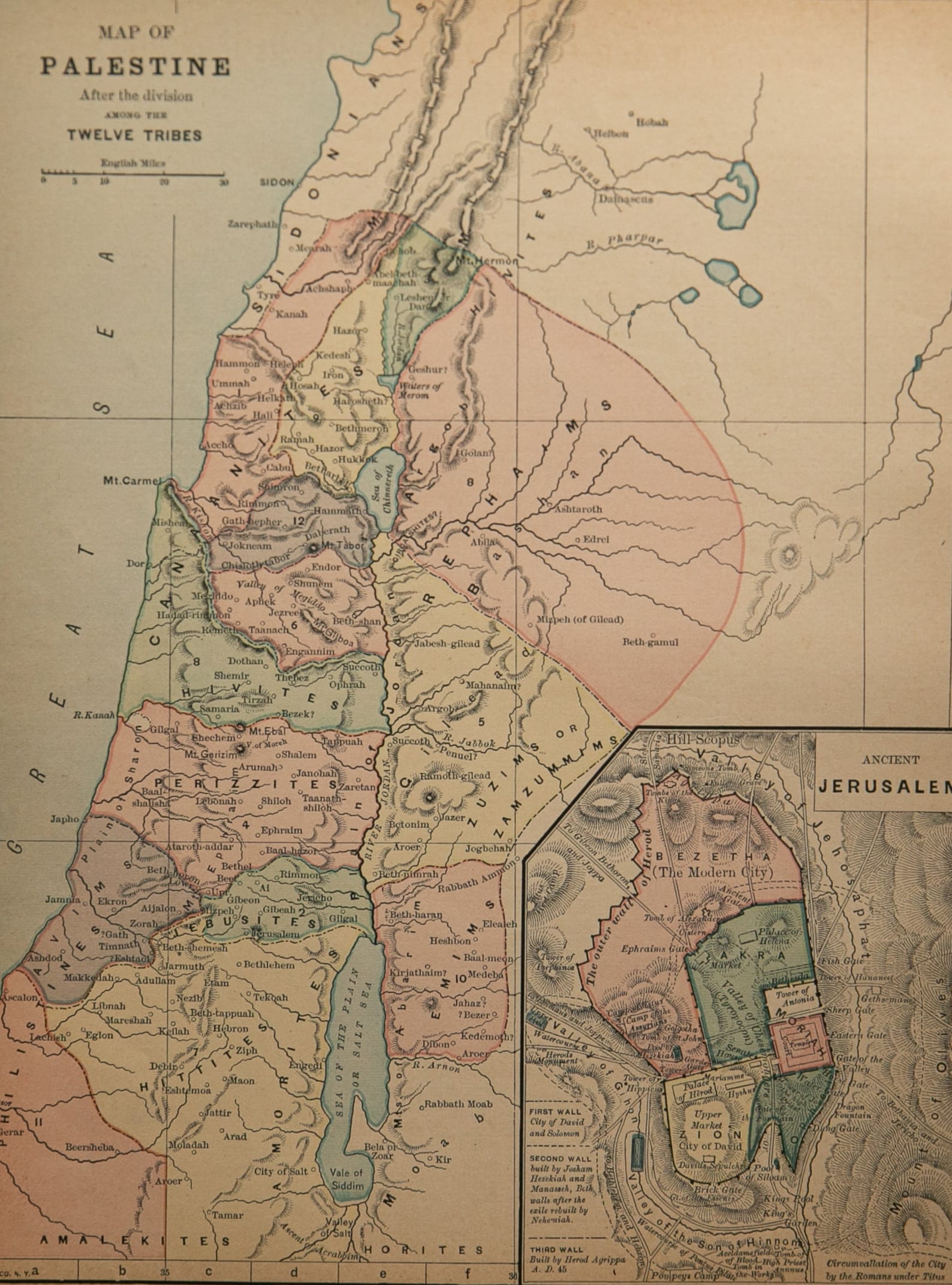 Map of Palestine, Division of 12 Tribes - Antique Biblical Illustration ...