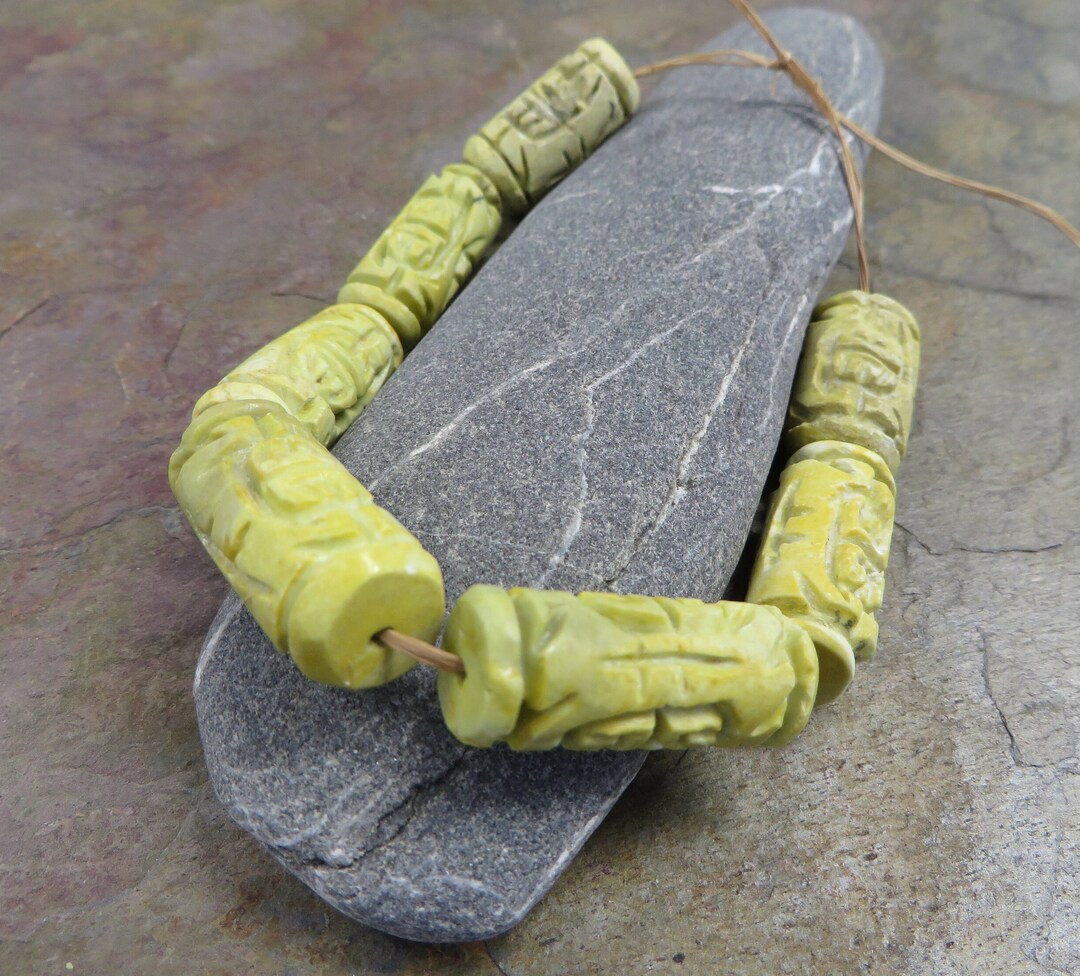 Vintage Chinese Hand Carved Yellow Jasper Beads. Rare. 7 Large Beads ...