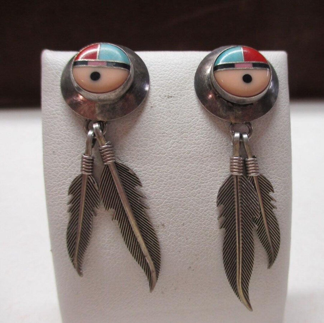 Gr 17 Zuni Sterling Silver Sun Face and Feather Earrings Turquoise ...