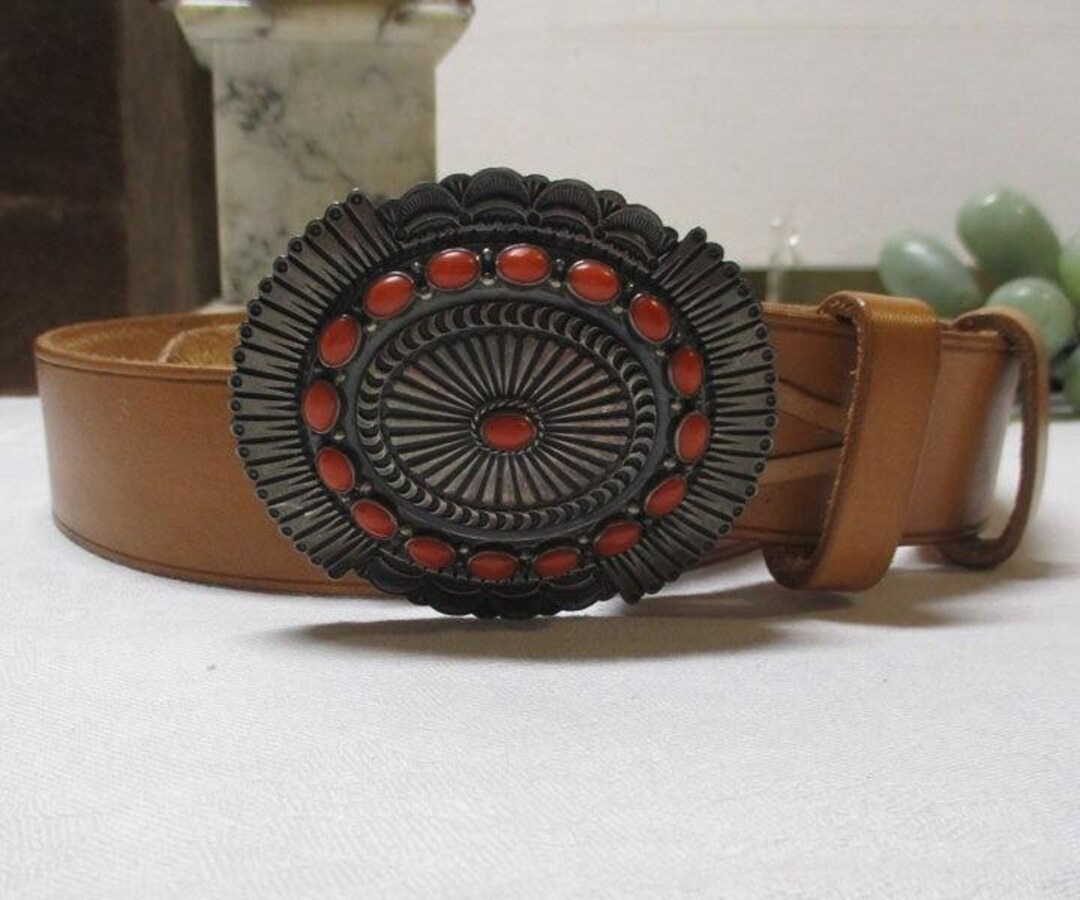 Gr 117 Signed Navajo Gary Reeves Inlaid Concho Belt Buckle and Belt 35 ...