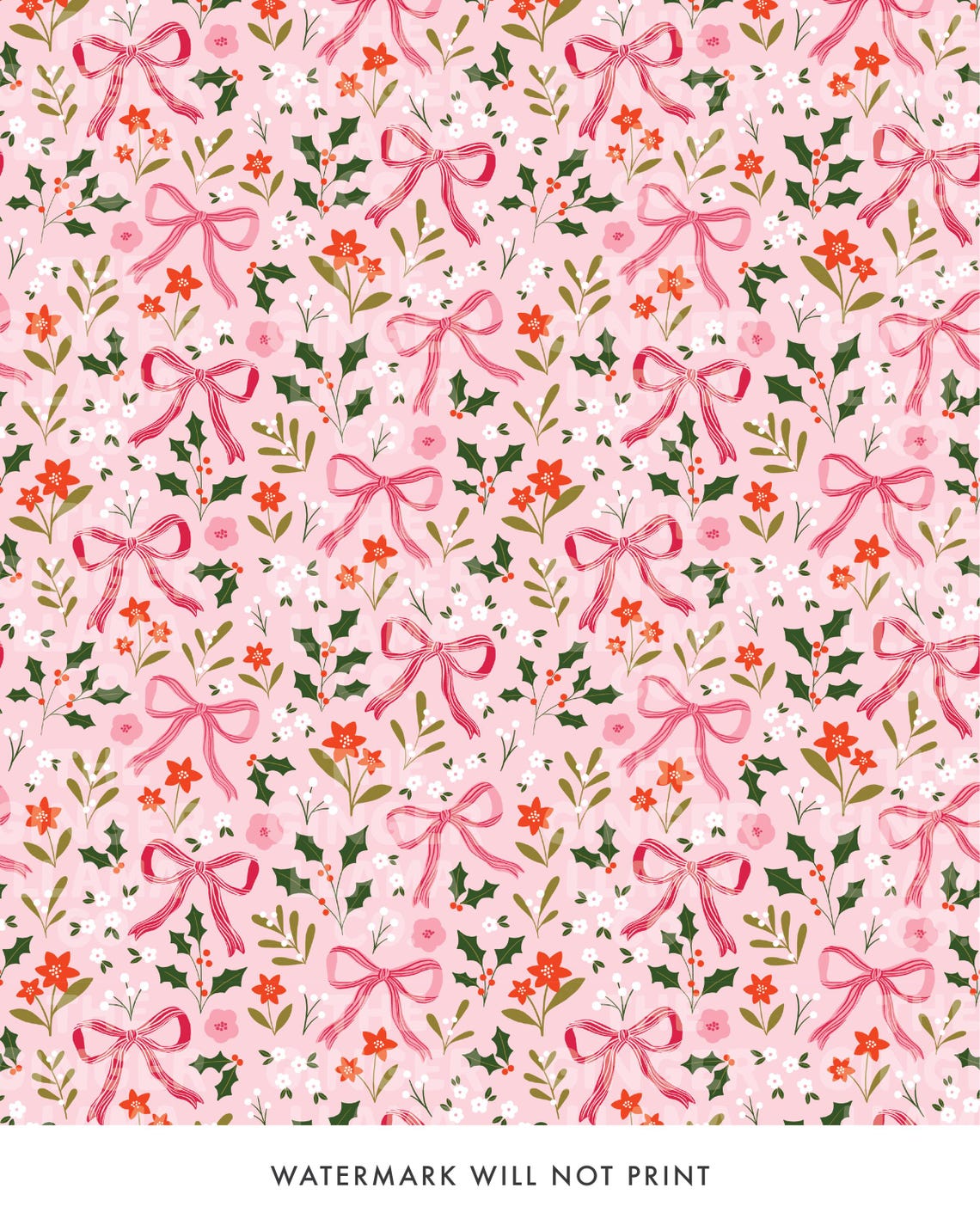 Christmas Bows Foliage Seamless Pattern, Digital File for Commercial ...