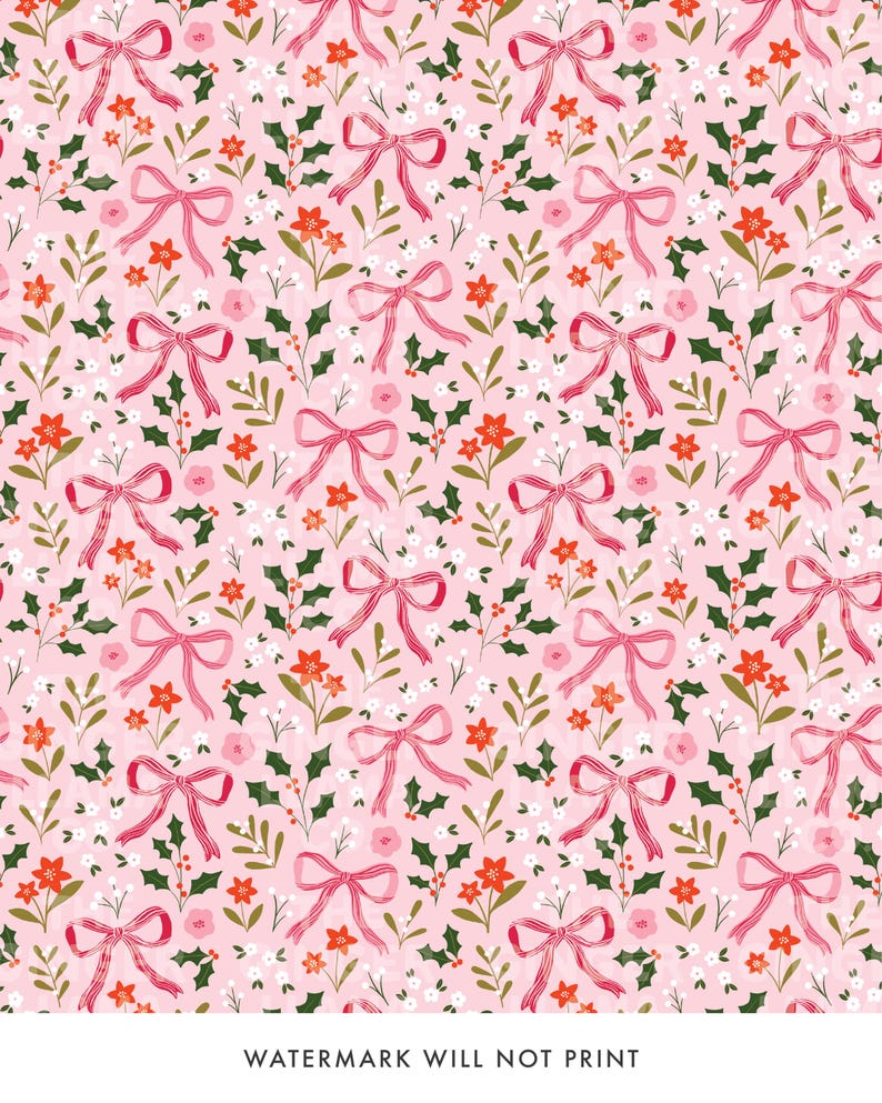 Christmas Bows Foliage Seamless Pattern, Digital File for Commercial ...