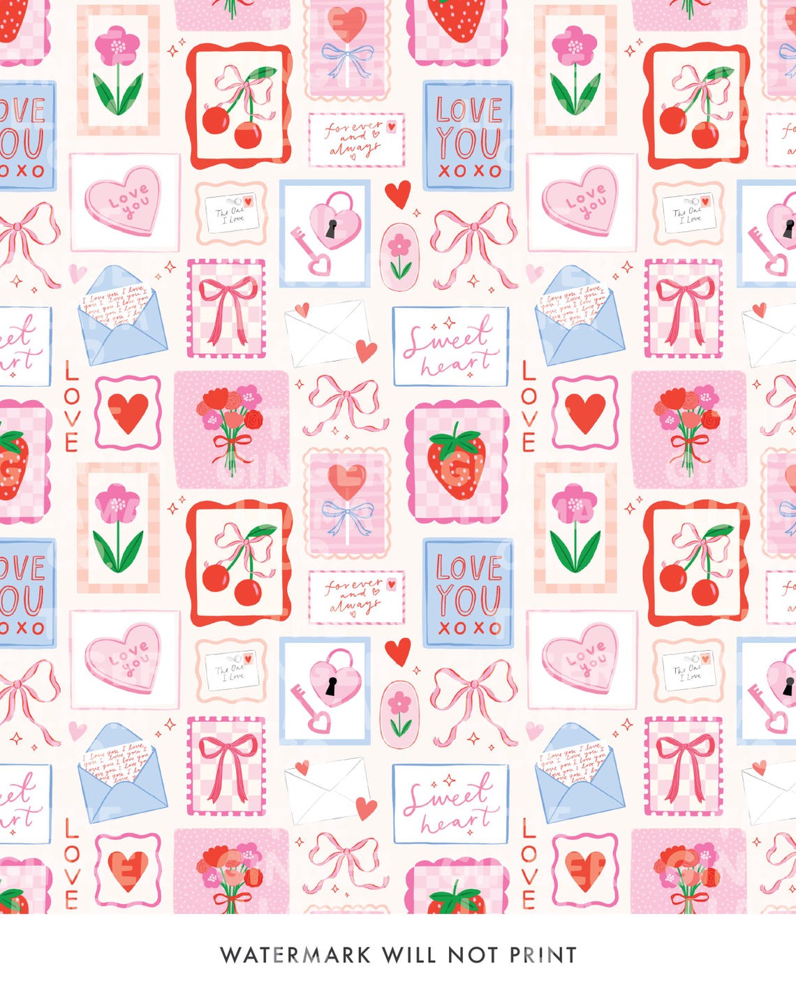 Postage Stamp Coquette Valentine's Seamless Pattern, Digital File for ...