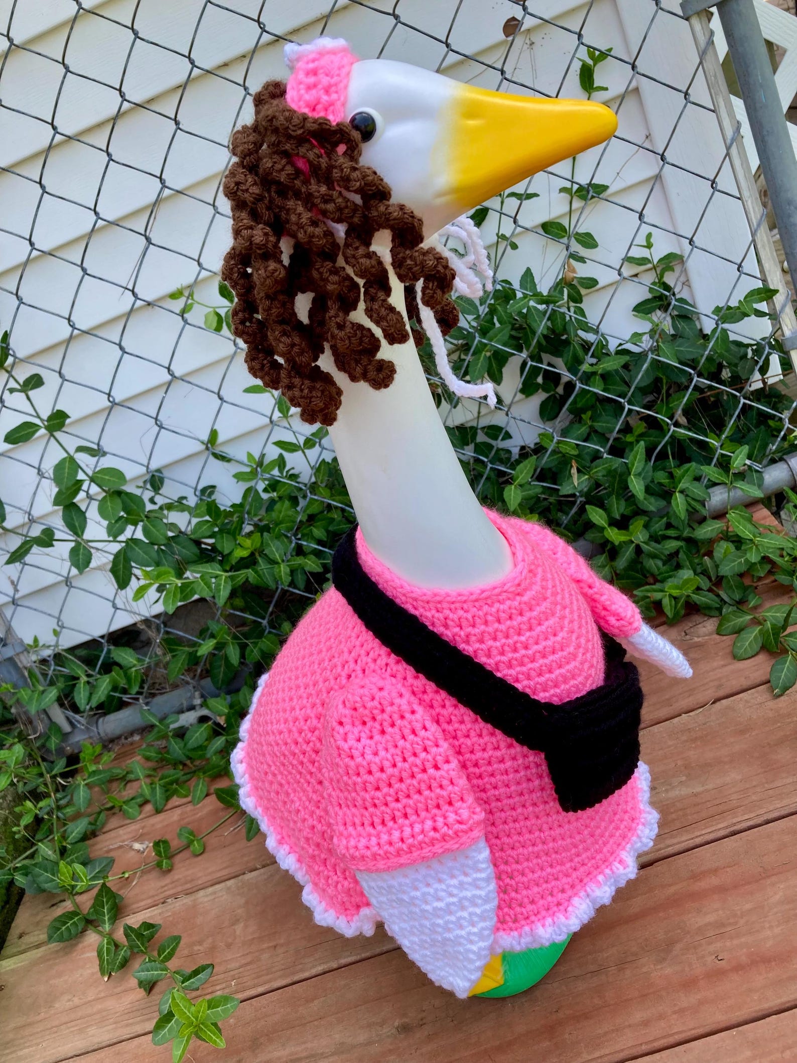 Hand Crochet Porch Goose Outfit Pink Dress With Brown Wig, Matching ...