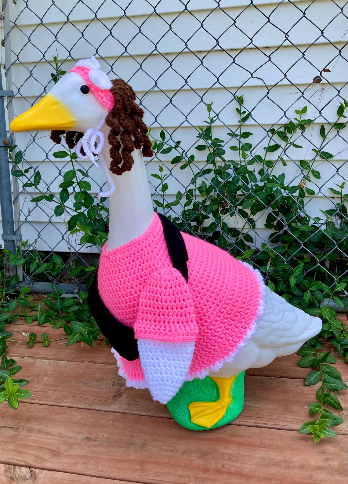 Hand Crochet Porch Goose Outfit Pink Dress With Brown Wig, Matching ...
