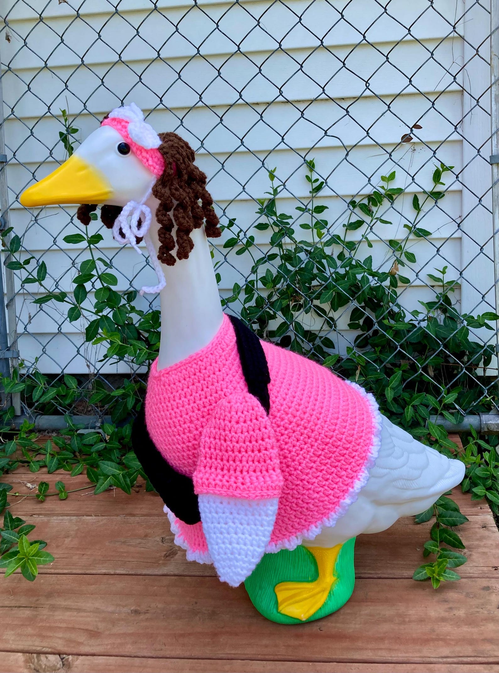 Hand Crochet Porch Goose Outfit Pink Dress With Brown Wig, Matching ...
