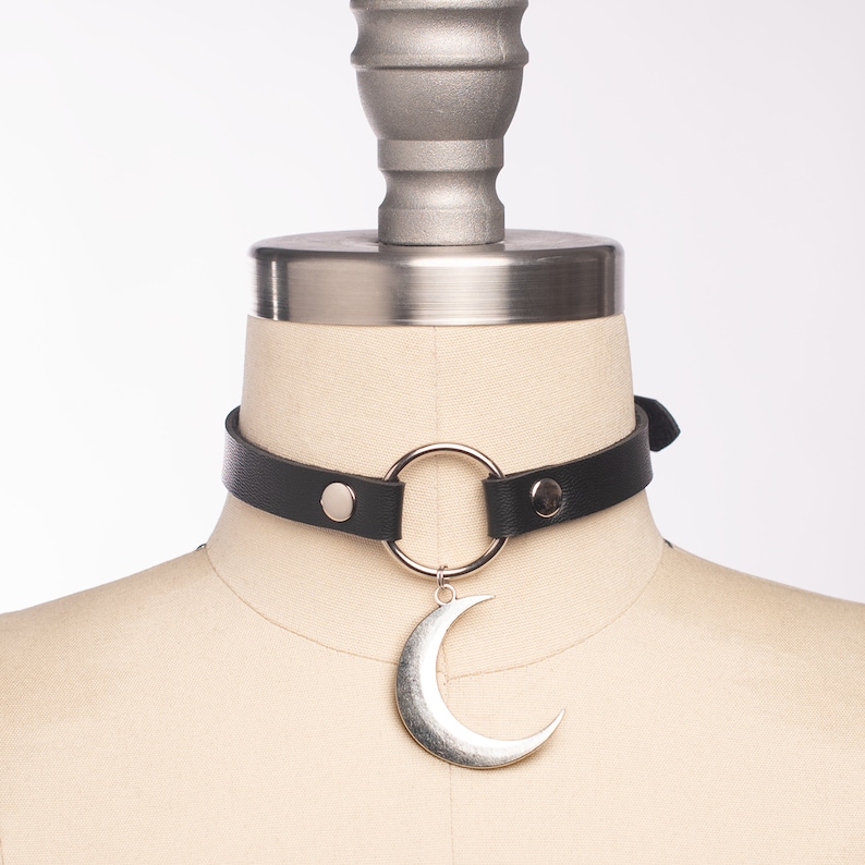 Crescent Moon Choker: Black Vegan Leather O-ring Collar, Witchy Goth ...