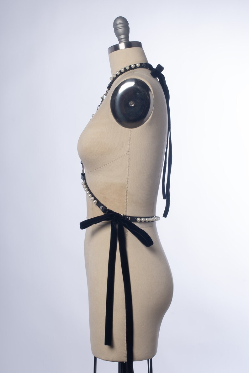 Amelia Pearl Velvet Ribbon Harness, Black Pvc Belt, Bows, Gothic Doll ...