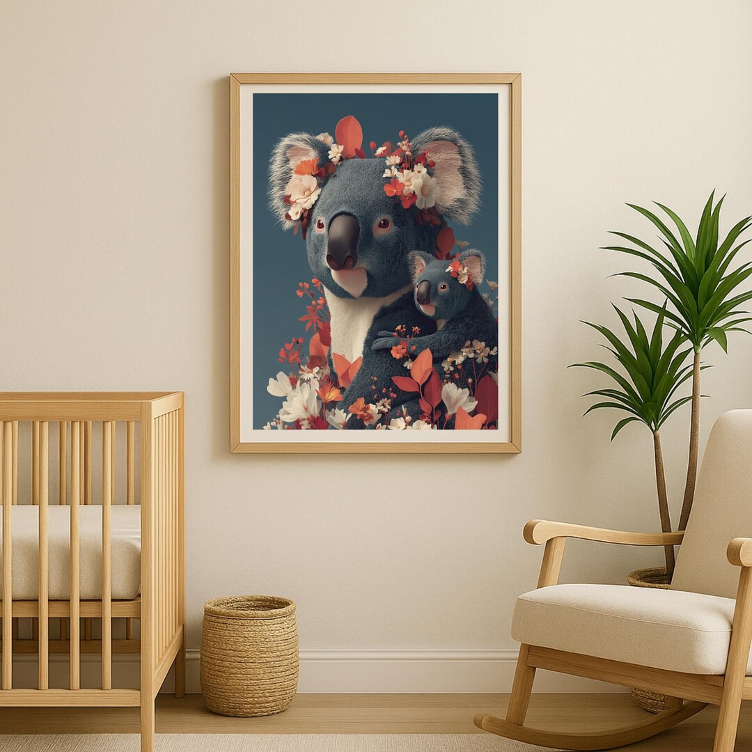 Koala Wall Art With Baby Floral Animal Print Australian Nursery Decor ...
