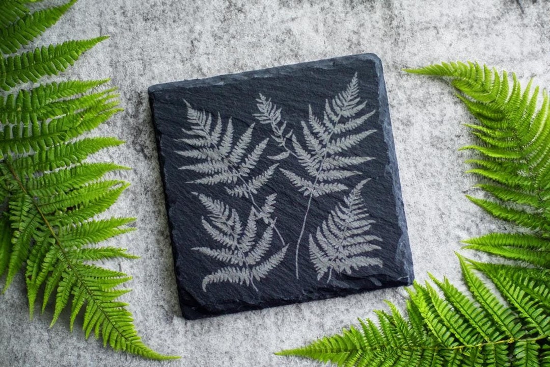 Fern Engraved Slate Coasters - Botanical Design, Natural Stone Drink ...