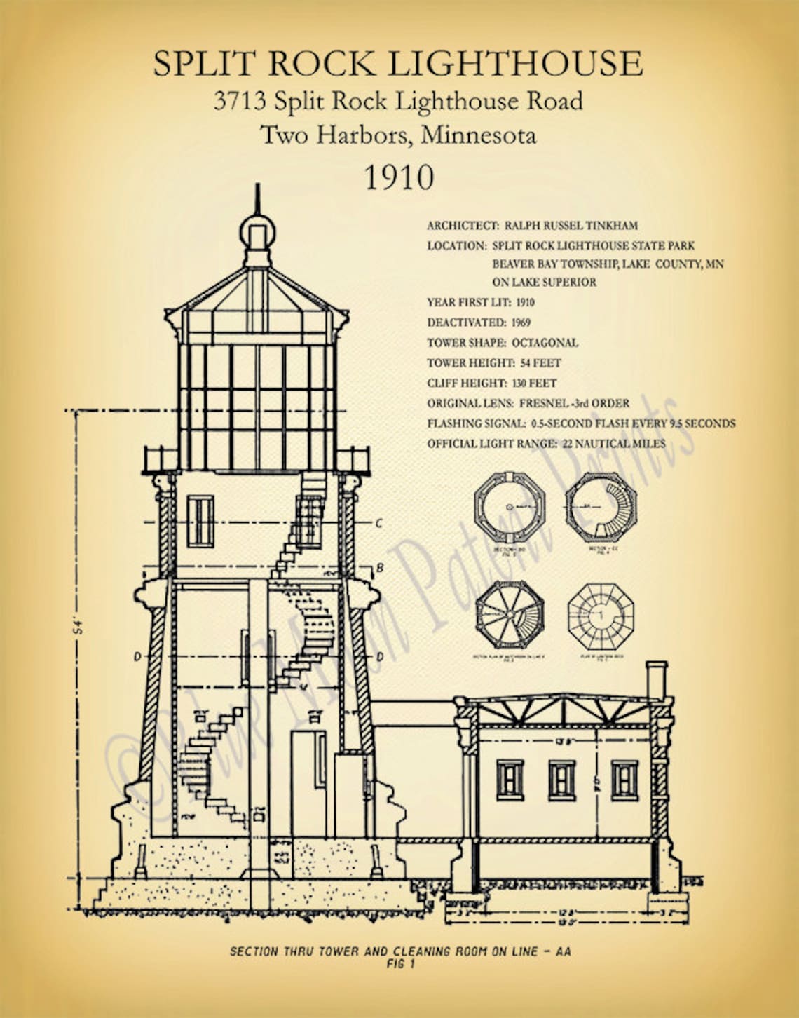 1910 Split Rock Lighthouse Drawing Split Rock Lighthouse | Etsy