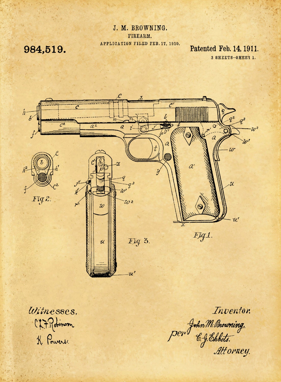 M1911 Browning Pistol Patent Print .45 Caliber Pistol - Poster ...