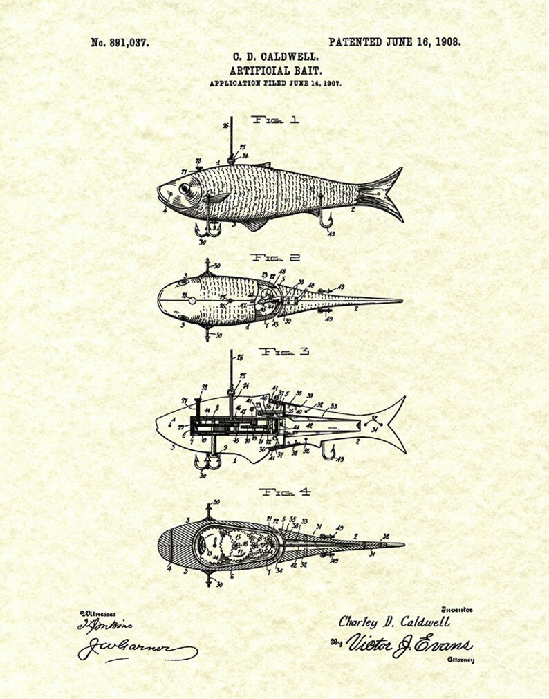 1908 Artificial Fish Bait Patent Print 2 Fishing Lures | Etsy