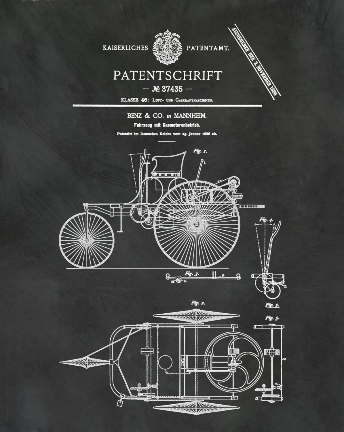 1886 Karl Benz Automobile Patent - Mercedes Benz Patent Print - First ...