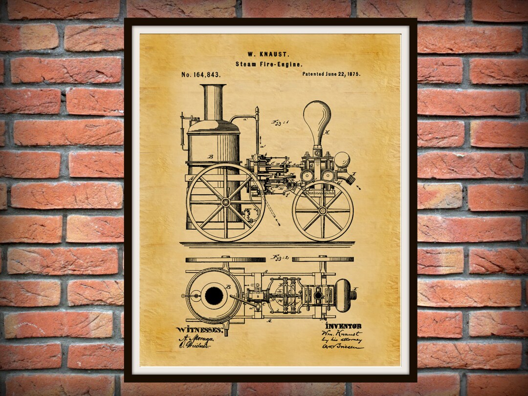 1875 Fire Engine Patent Print - Steam Fire Engine Poster - Firehouse ...