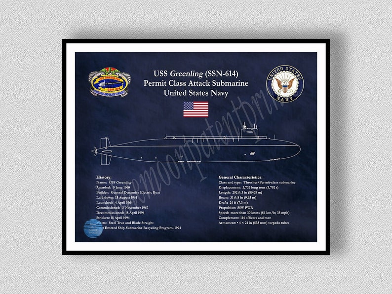 USS Greenling SSN-614 Drawing Permit Class Sub Blueprint Uss - Etsy
