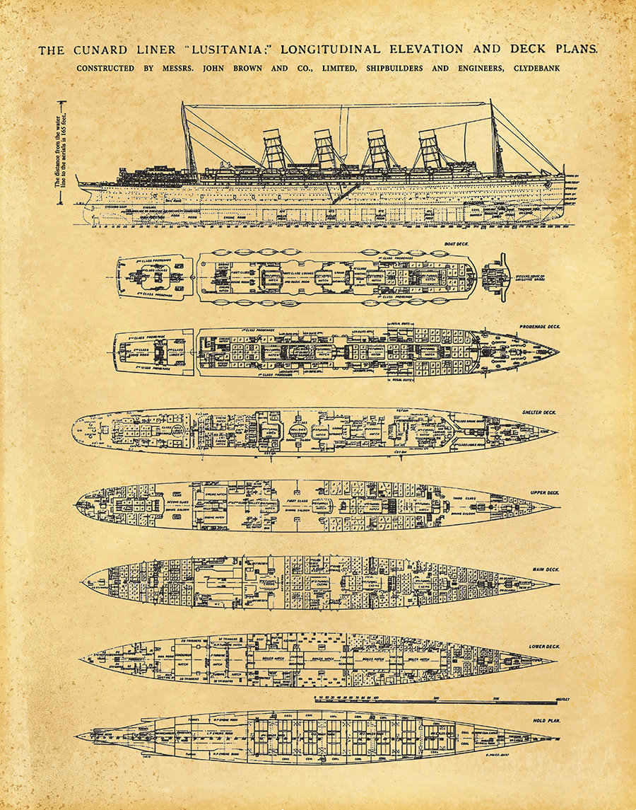 R.M.S. Lusitania Poster - Lusitania Ship Print - Lusitania Blueprint ...