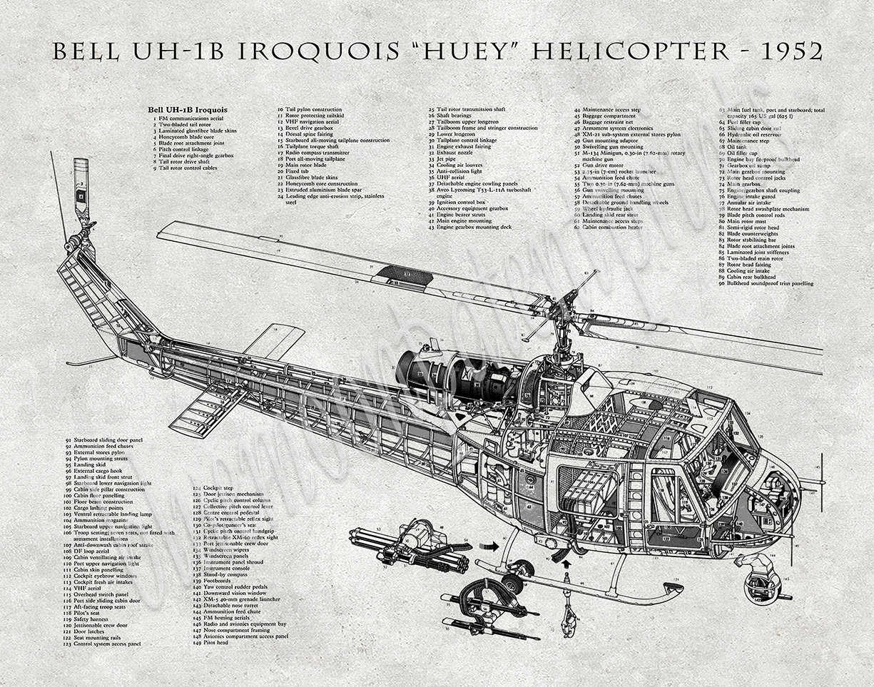 Bell UH-1B Iroquois Military Helicopter Engineering Drawing - Huey ...