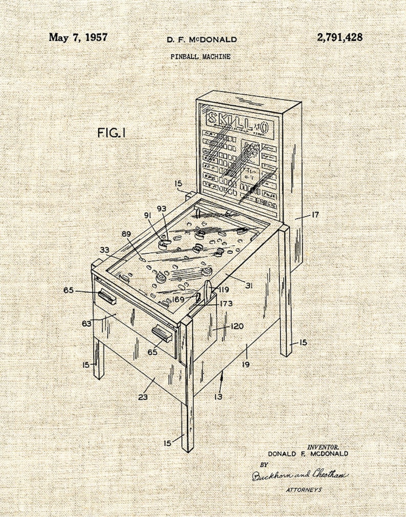 1957 Pinball Machine Patent Print Pinball Game Arcade Poster | Etsy