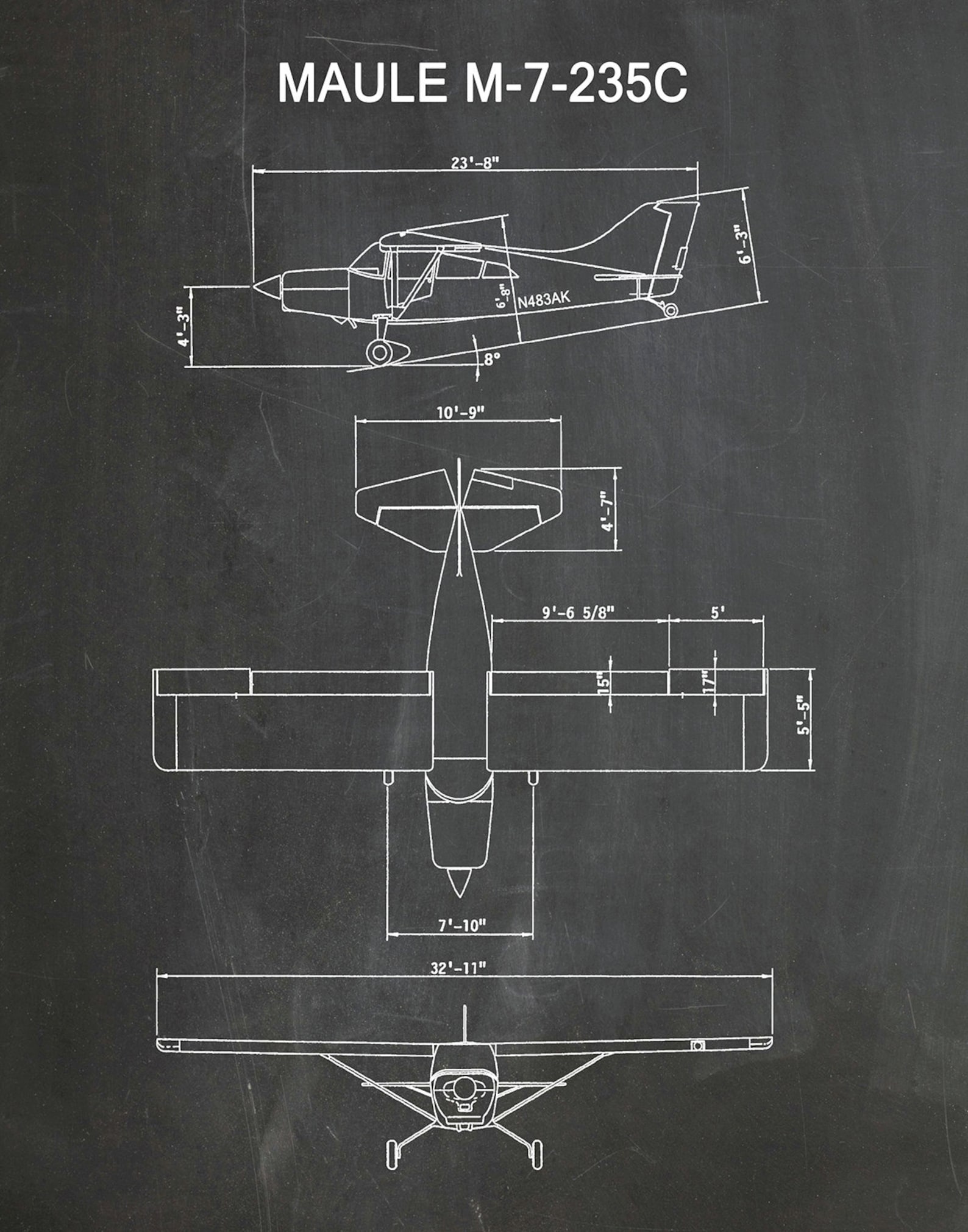 Maule M-7-235C Airplane Drawing With Dimensions Maule M-7 | Etsy