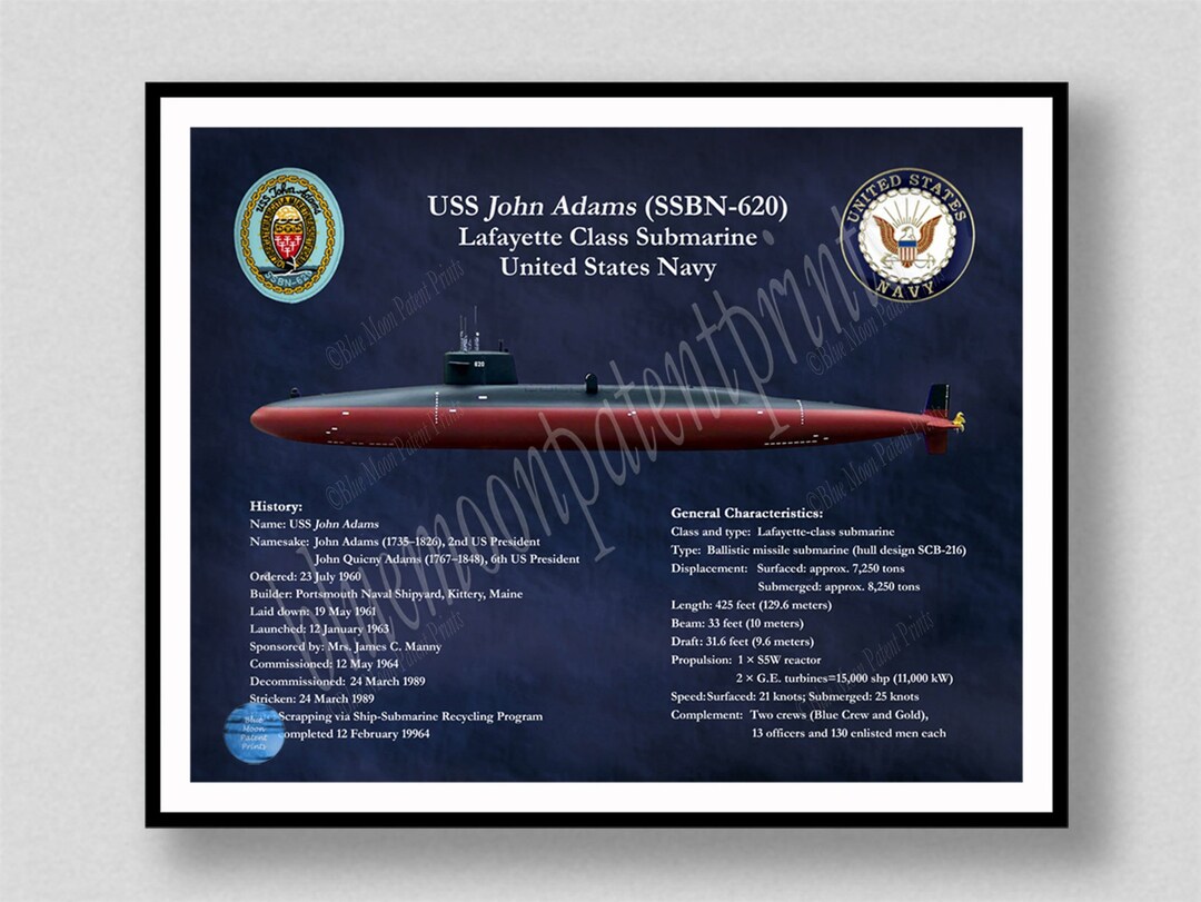 USS John Adams SSBN-620 Submarine Drawing, Lafayette Class Submarine Poster, USS John Adams ...