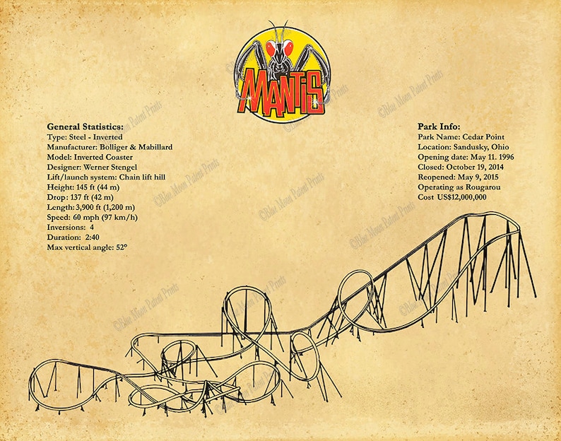 Mantis Roller Coaster Poster Mantis Roller Coaster Blueprint - Etsy