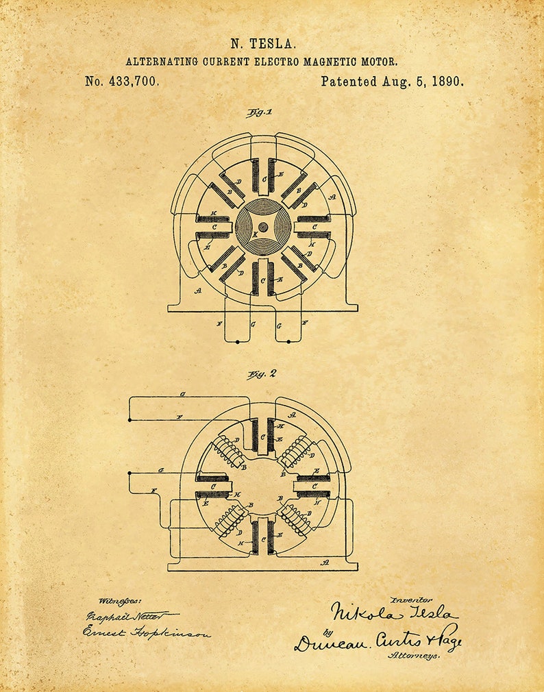 1890 Tesla Alternating Current Electromagnetic Motor Patent - Etsy