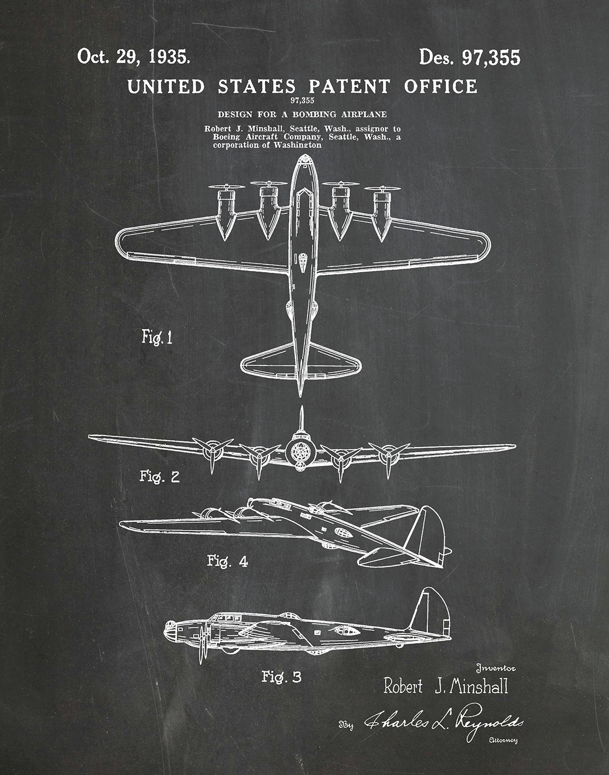 1935 Boeing B-17 Patent Print, Boeing B-17 Flying Fortress WWII Bomber ...