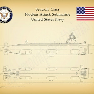 Seawolf Class Submarine Blueprint, USS Seawolf Submarine Poster, Seawolf Class Nuclear Submarine ...