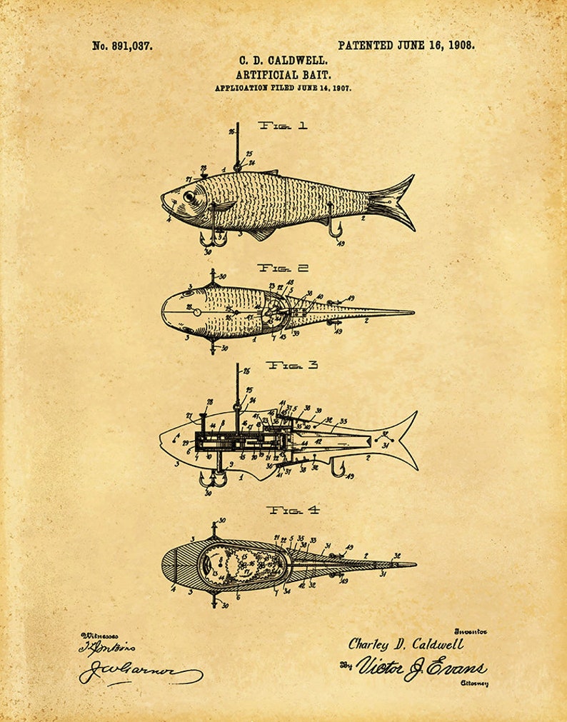 1908 Artificial Fish Bait Patent Print 2 Fishing Lures | Etsy