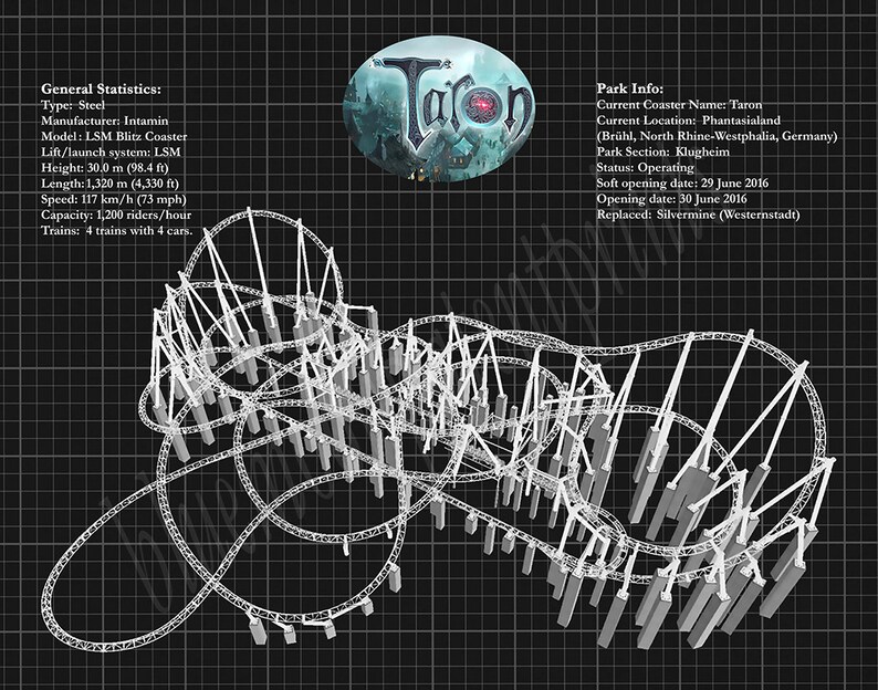 Taron Roller Coaster Drawing Phantasialand Roller Coaster - Etsy