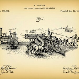 1885 Traveling Thrasher Patent Print, Antique Tractor Wall Art, Horse ...