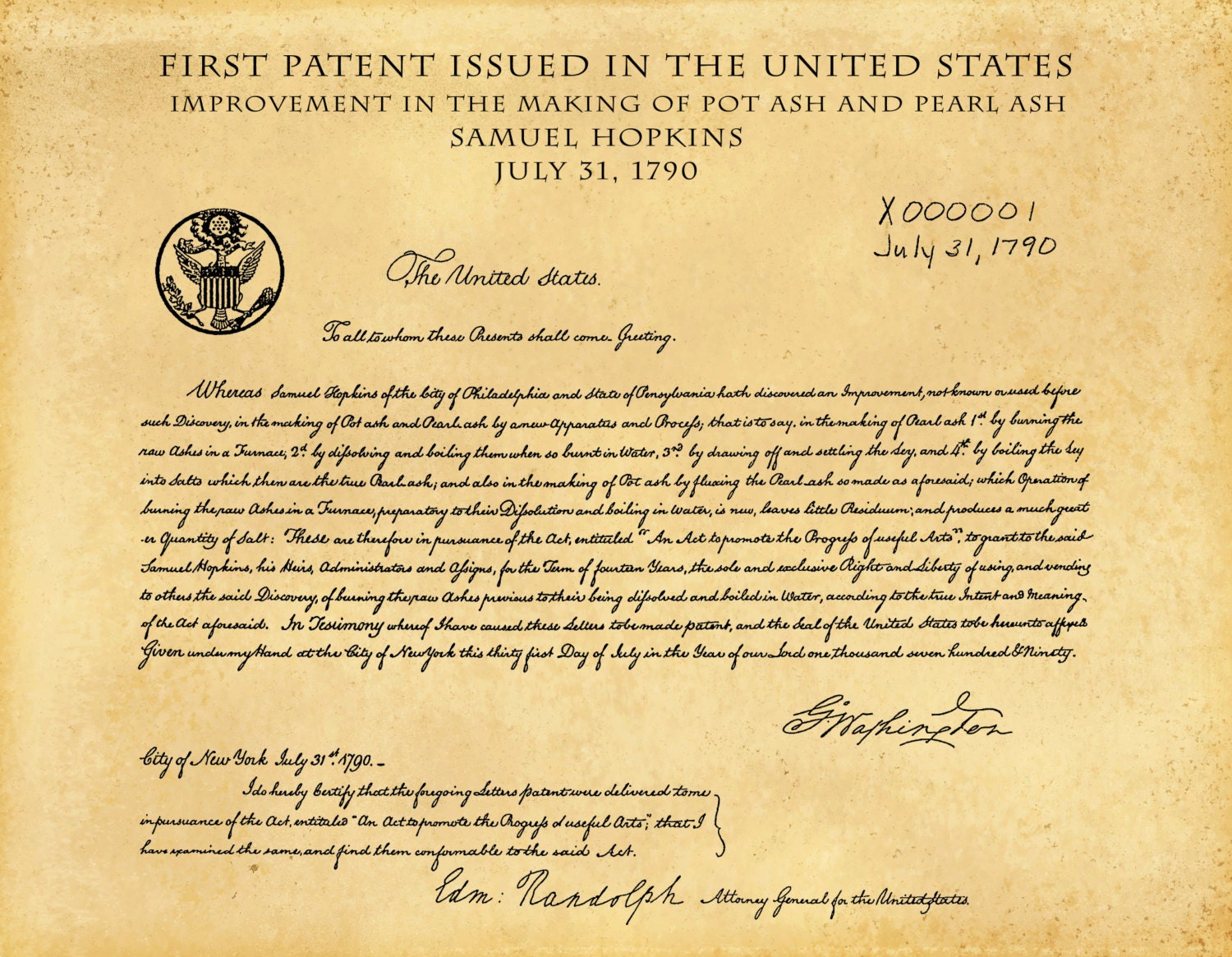 1790 First US Patent Print Issued by the United States Signed by George ... 1790 First US Patent Print Issued by the United States Signed by George ...
