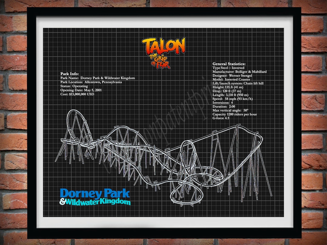 Talon the Grip of Fear Roller Coaster Drawing, Dorney Park Roller ...