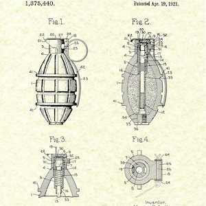 1921 Hand Grenade Patent Print, Hand Grenade Poster, Military Grenade ...