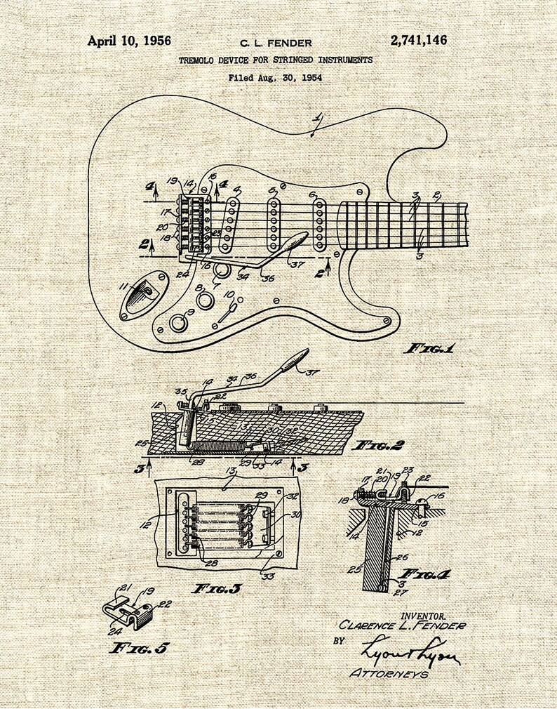 1956 Fender Guitar Patent Print, Fender Stratocaster Guitar Poster ...