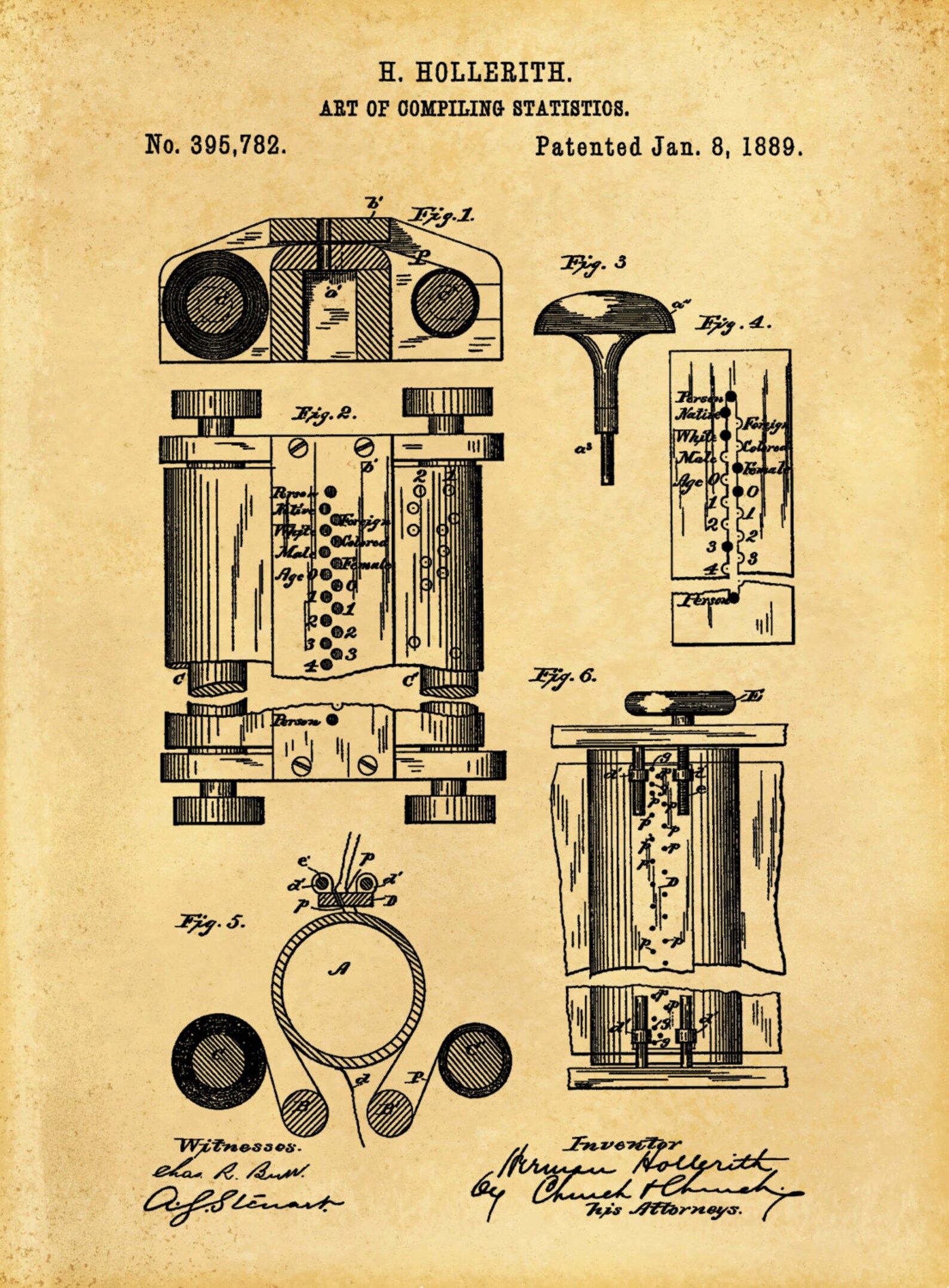 1889 First Computer Patent Print Art of Compiling Statistics | Etsy
