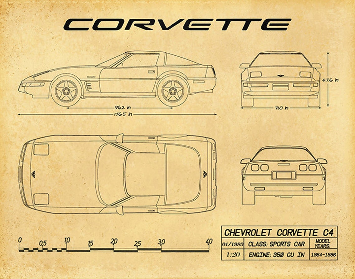 Corvette C4 Drawing Chevy Corvette C4 Poster Chevrolet - Etsy