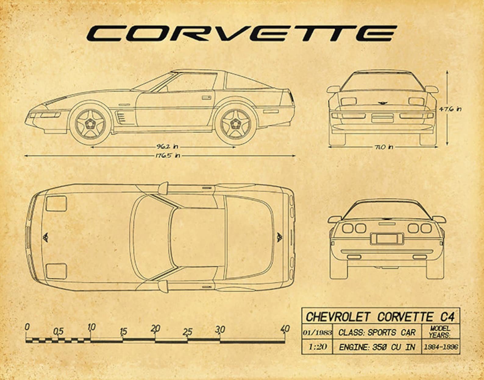 Corvette C4 Drawing Chevy Corvette C4 Poster Chevrolet | Etsy