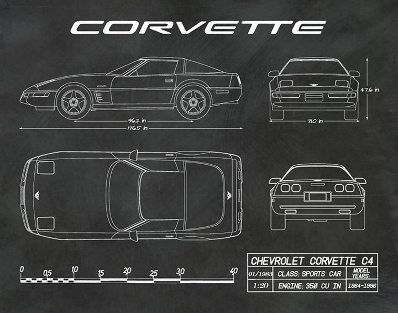 Corvette C4 Drawing Chevy Corvette C4 Poster Chevrolet | Etsy