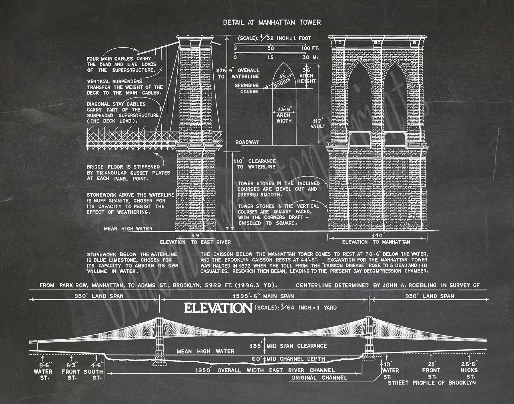 Brooklyn Bridge Drawing, Brooklyn Bridge architectural blueprint, 1870 ...
