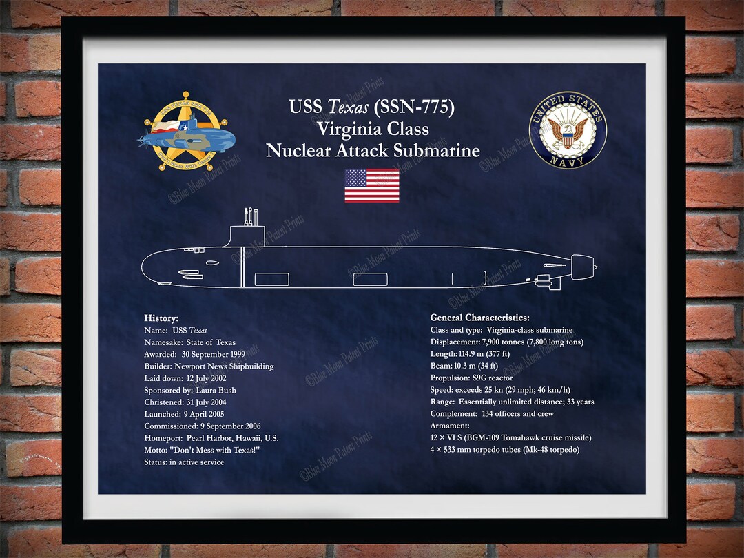 USS Texas SSN 775 Submarine Drawing, Virginia Class Submarine Blueprint ...