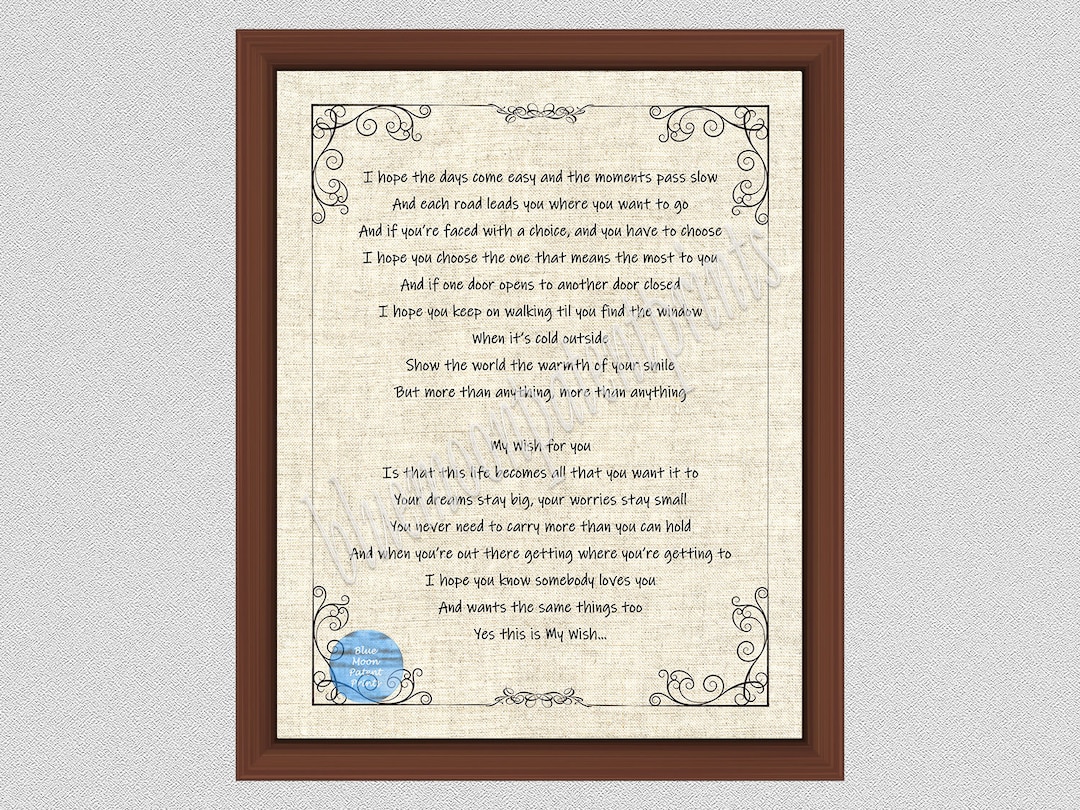 My Wish for You Lyrics Art Print, Rascal Flatts Song Lyrics Poster ...