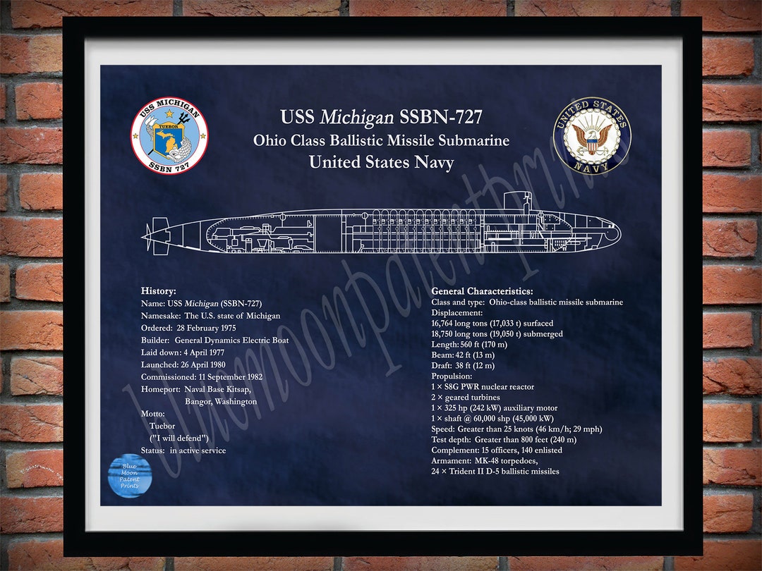 USS Michigan SSBN-727 Ohio Class Submarine Blueprint, USS Michigan ...