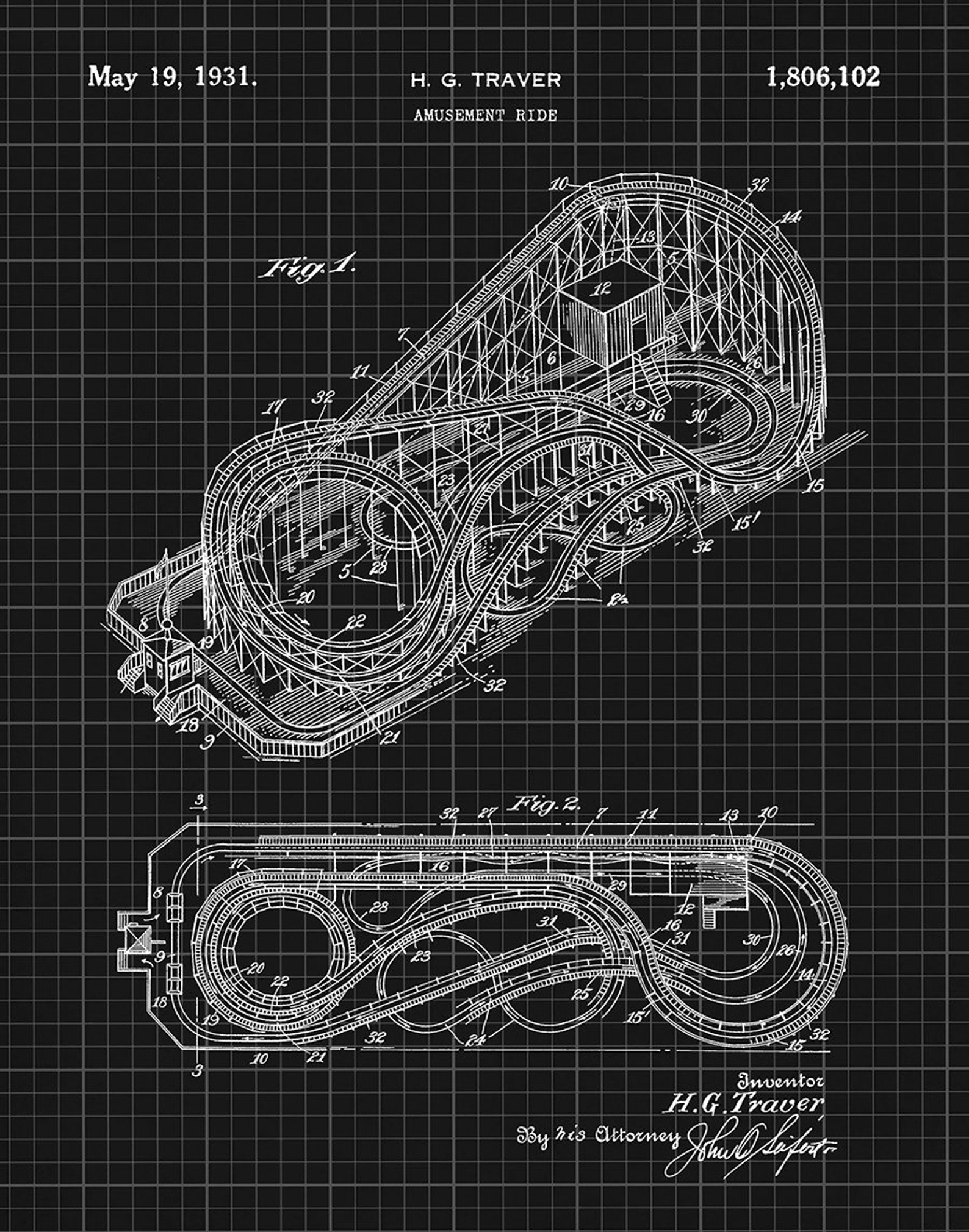 1931 Roller Coaster Patent Print - Cyclone Roller Coaster - Coney ...