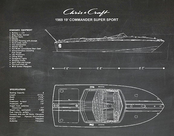 1969 Chris Craft Boat Drawing, Chris Craft Commander Super Sport Poster ...
